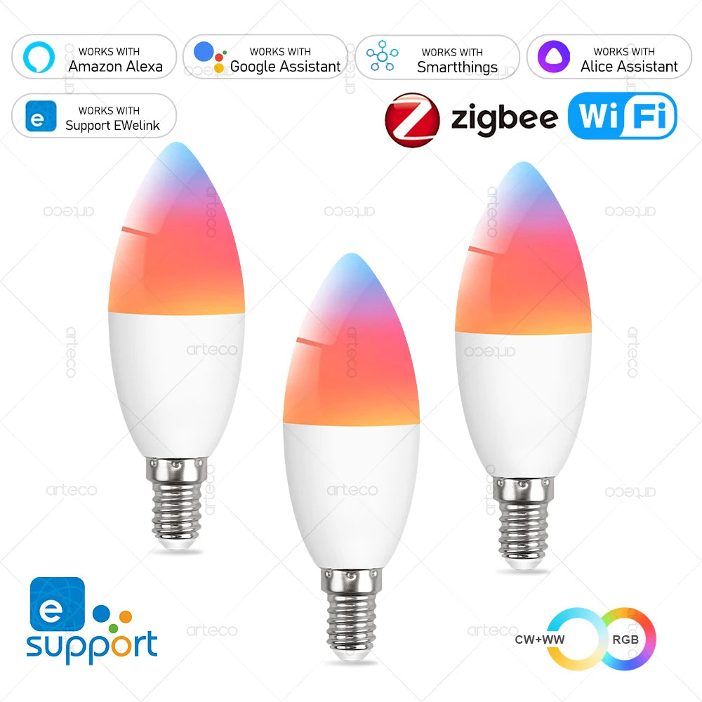 E14 Smart WiFi /Zigbee LED Light Bulb, Dimmable LED Candle Lamp RGB,Fo ...